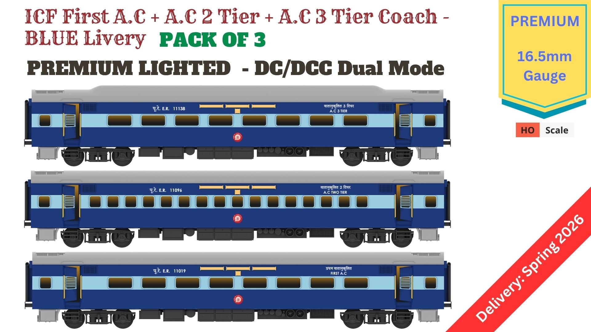 PRE-ORDER: ICF First AC+AC 2 Tier+AC 3 Tier, HO Scale - Blue, Premium ...