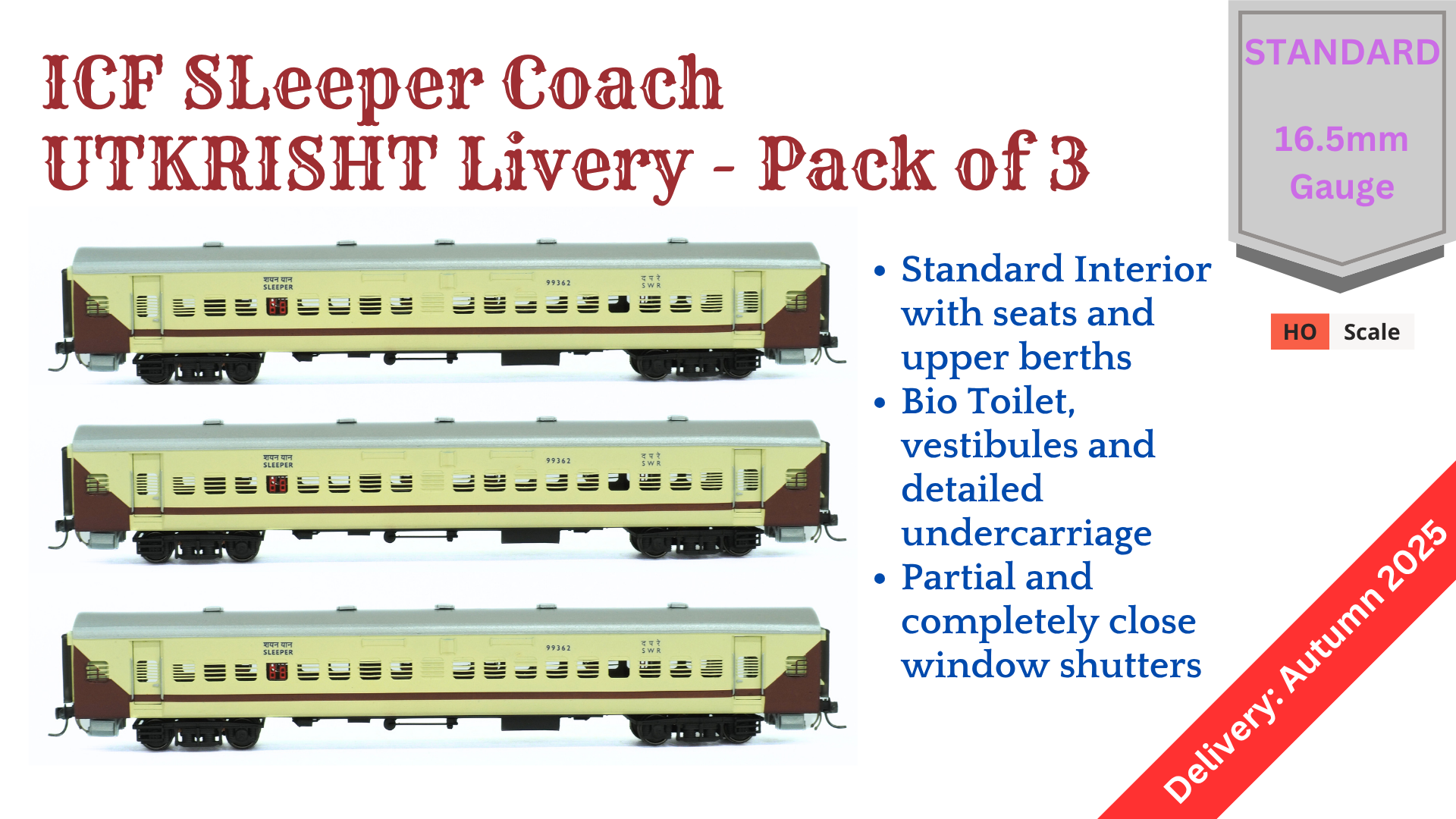 PRE-ORDER: ICF Sleeper HO Scale - Utkrisht Livery, Standard, pack of 3 ...